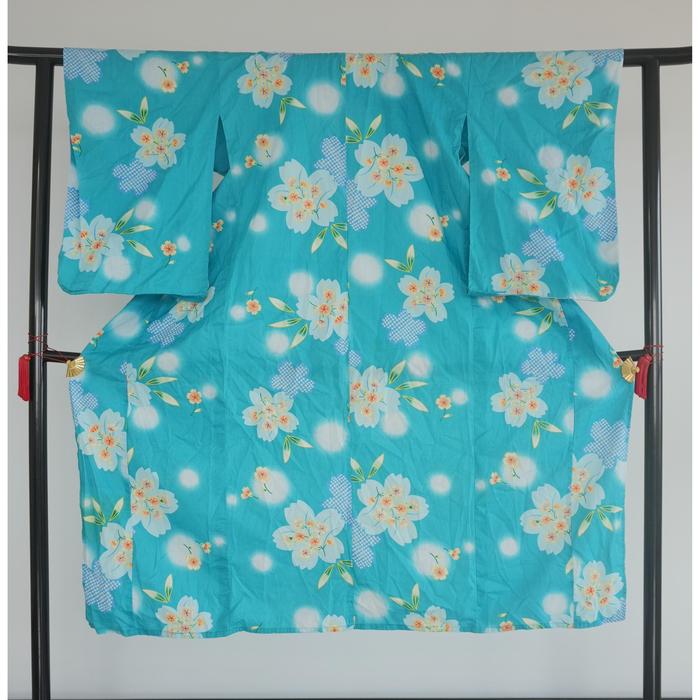 Summer Yukata - Blue with flowers, Cotton, SIZE good on 133cm-143cm ...